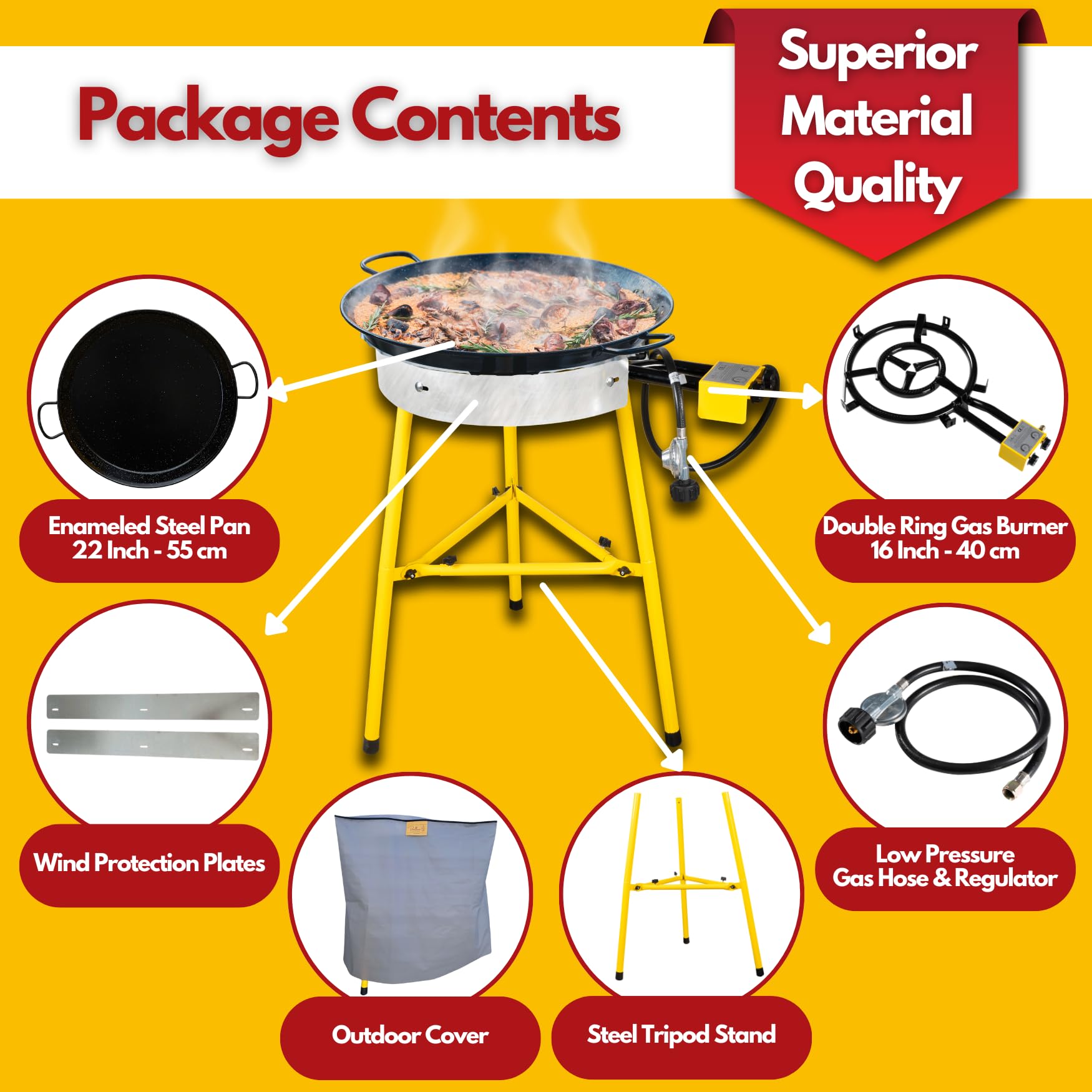 Complete Paella Pan Burner & Stand Set - Double Propane Burners 22 Inch Pan Set - Outdoor Gas Stove - Portable Cooking - Burner Table Top Burners - Camping Grill Backyard