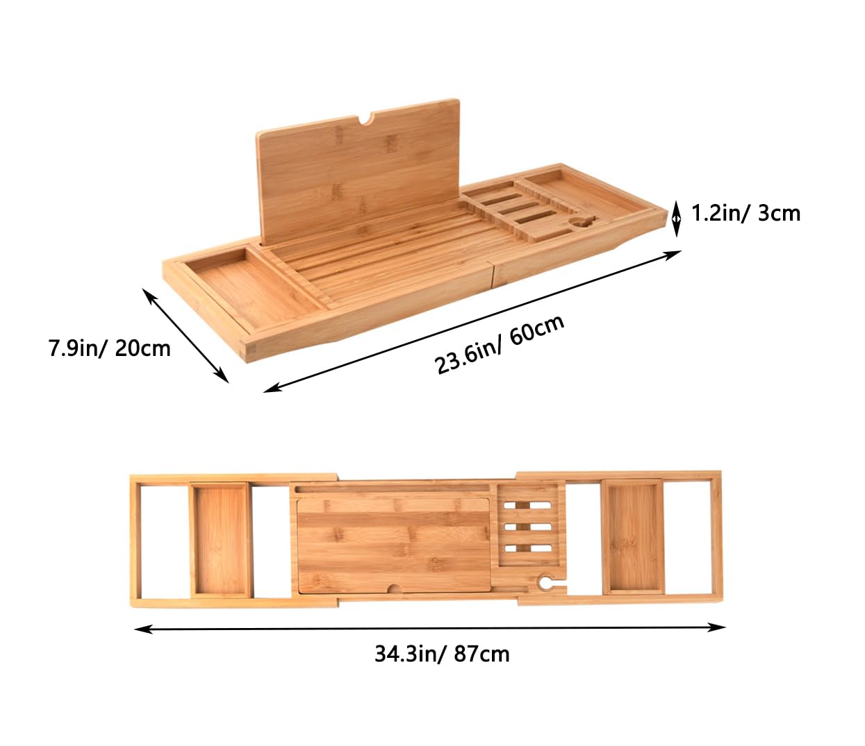 Bathtub Caddy Tray Bamboo Expandable Bath Tray Waterproof for Tub with Wine Holder Built in Book Tablet Integrated Wineglass Holder Phone Tray & Accessories Placement 23.6“ (expands to 34 inches)
