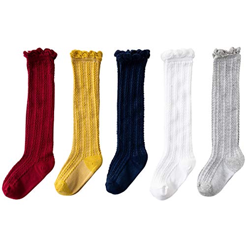 Jastore 5 Pairs Unisex Baby Girl Boy Lace Stocking Toddler Knit Knee High Cotton Socks (3-5T, A-Mixed Color-5 Pairs)