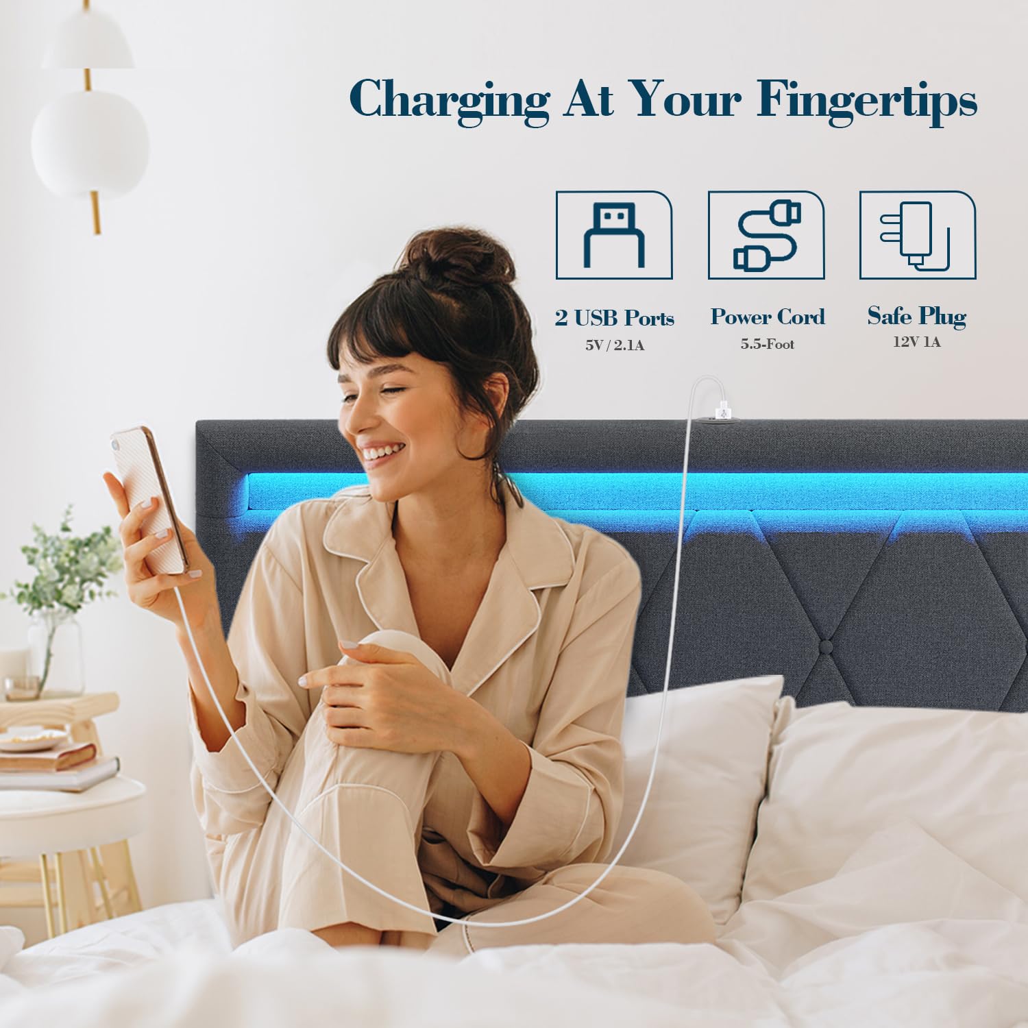 ROCHECASA Queen Bed Frame with Charging Station and LED Lights, Upholstered Bed with Height Adjustable Headboard, Noise Free, Easy Assembly, Dark Grey