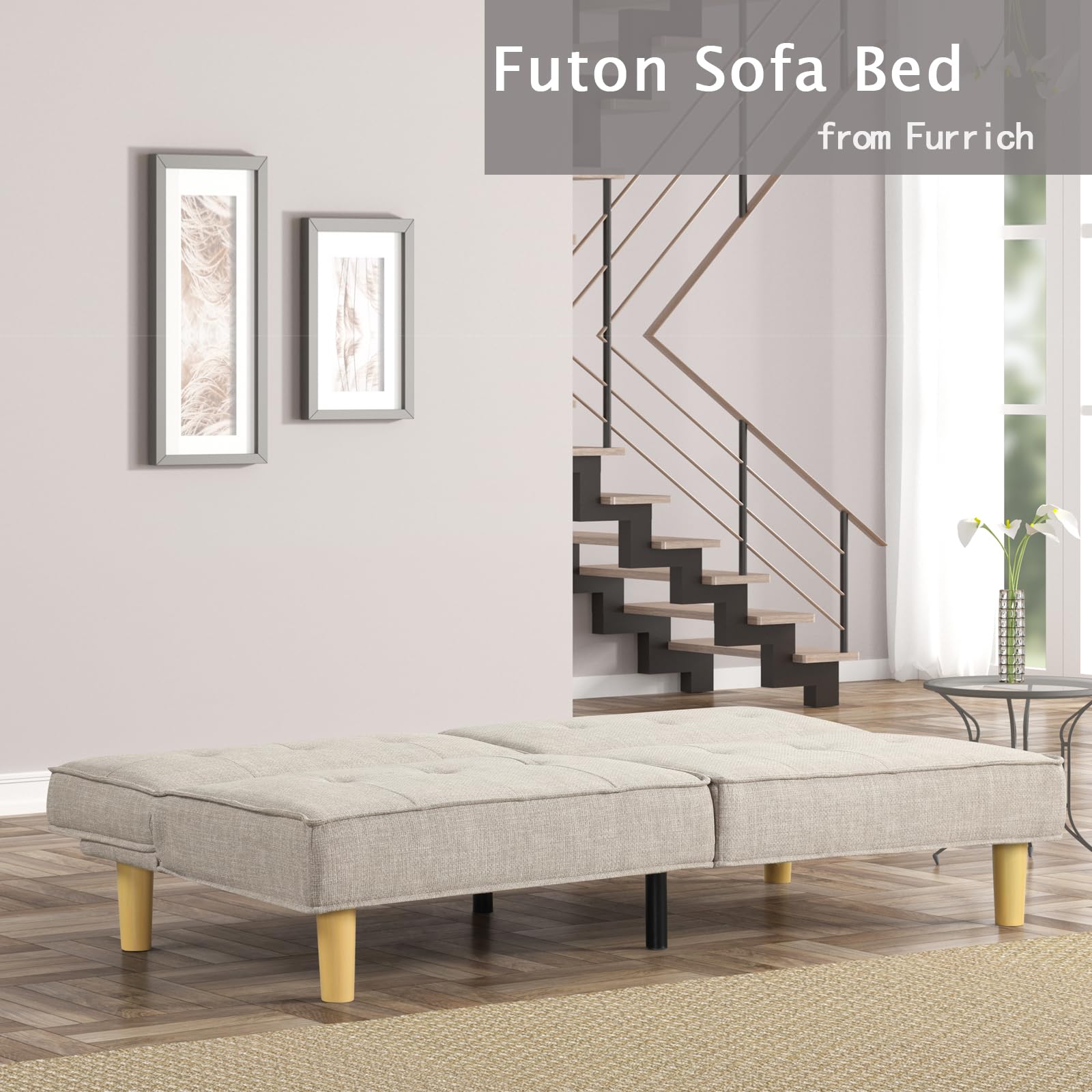 Furrich Convertible Futon Sofa Bed, Loveseat Foldable Futon Couch Adjustable Backrest, Small Futon Couch for Living Room, Small Space, Apartment, Beige Fabric 307BG
