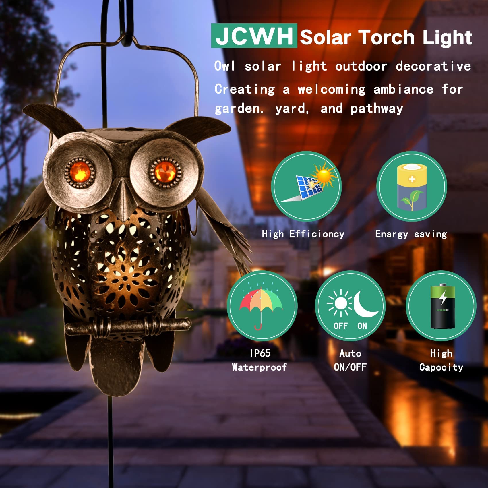 JCWH Fake Owl Solar Light,Auto On-Off Black Metal Waterproof,Animal Statue Decorative with Sheep Hook for Garden Backyard