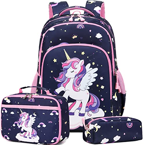 Dafelile Unicorn Backpack for Girls School Backpack Unicorn Bookbag 3 in 1 Set for Girls Elementary with Chest Strap and Lunch Bag