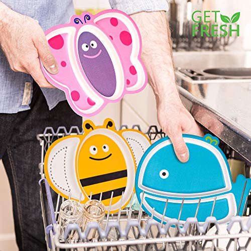 GET FRESH Bamboo Kids Divided Plates – 1pc Cute Bee Bamboo Toddler Divided Plate with 3 Compartments – Reusable Animal Sectioned Bamboo Fibre Childrens Plates – Dishwasher Safe Bamboo Kids Dinnerware