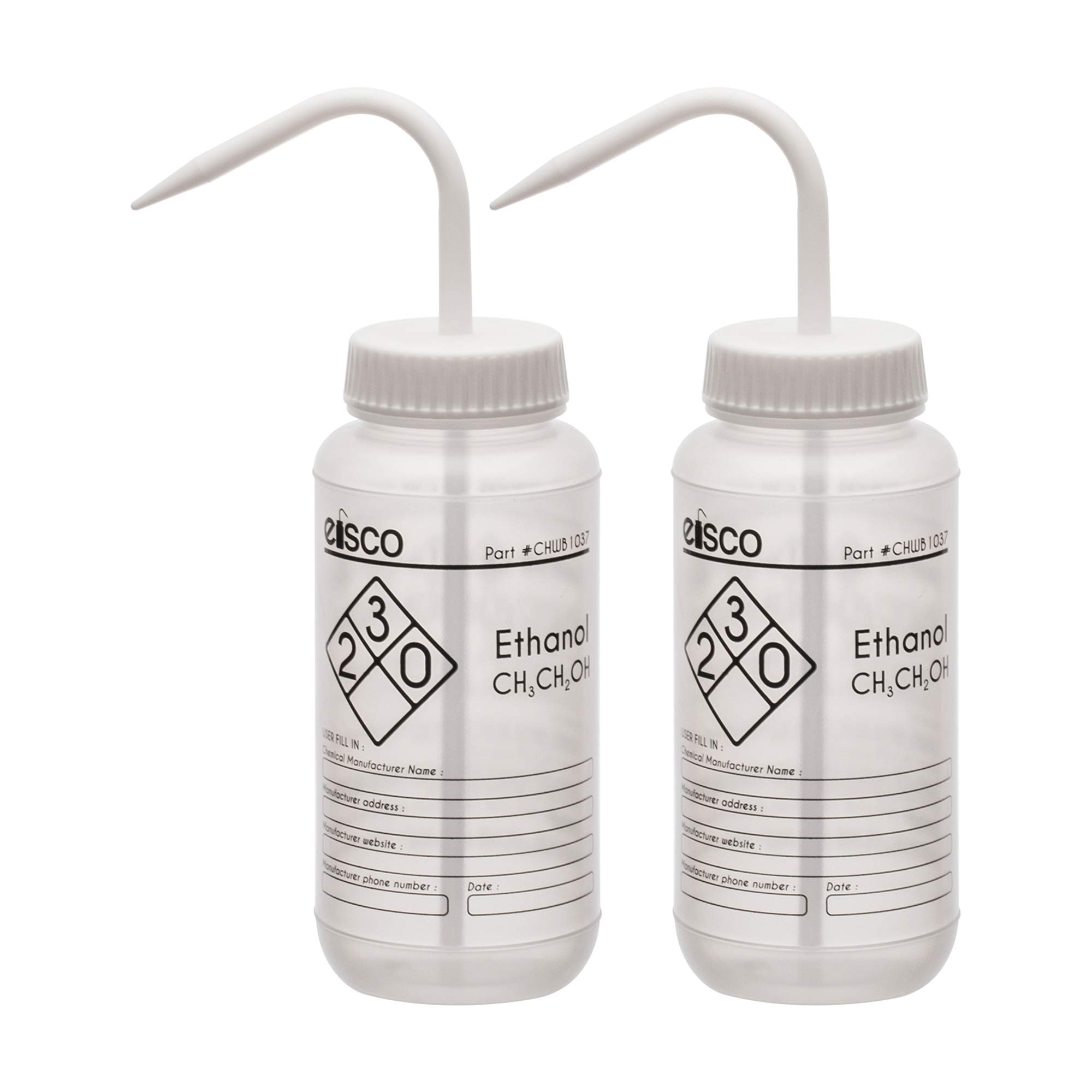 EISCO 2PK Wash Bottles for Ethanol, 500ml - Labeled with Chemical Information & Safety Information (1 Color) - Wide Mouth, Self Venting, Low Density Polyethylene - Performance Plastics Labs