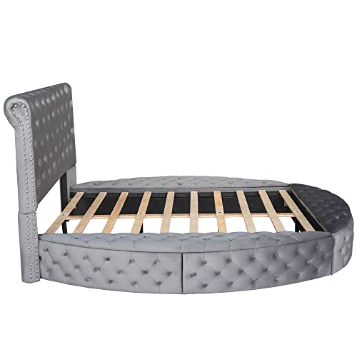 Harper & Bright Designs Full Size Upholstered Bed with Storage and Headboard, Round Shape Upholstery Platform Bed, Low Profile Design, Gray