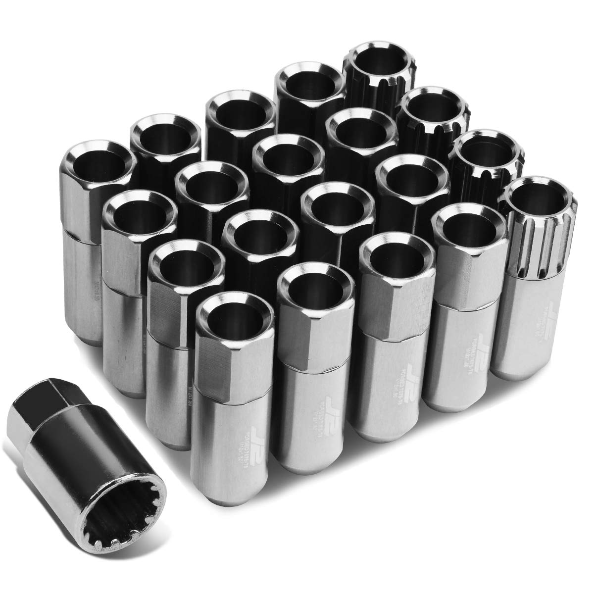 J2 Engineering 16Pcs 7075 Aluminum Open End M12 x 1.5 Lug Nuts w/4Pcs Lock Nuts & Key, Silver, Fit Conical Seat, LN-T7-010-15-SL