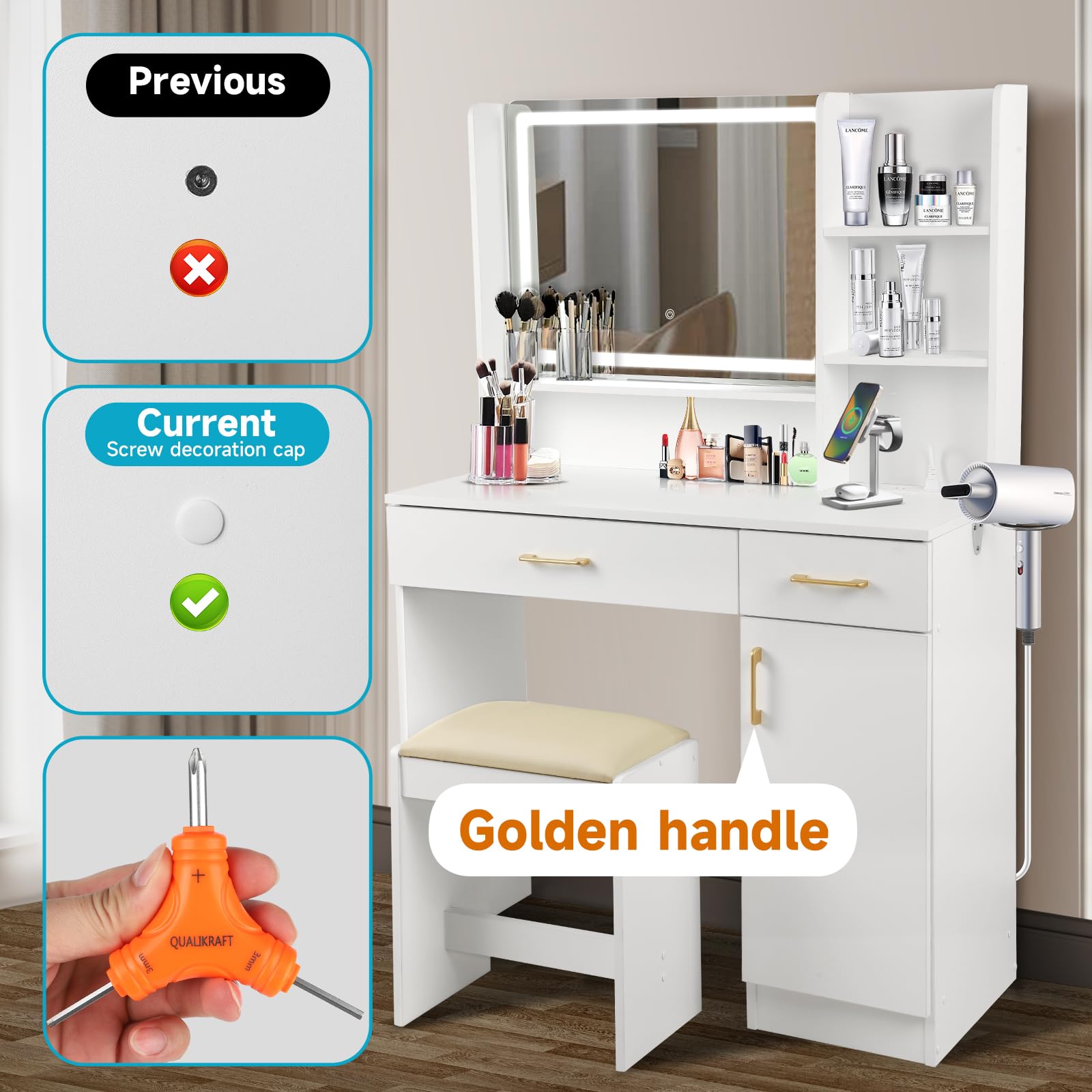 QUALIKRAFT Vanity Set, Vanity Desk with Mirror and Lights, Vanity Desk with Drawers, Vanity with Charging Station, Vanity with Chair, Vanity with Storage, White Vanity, Makeup Vanity,Bedroom Vanity