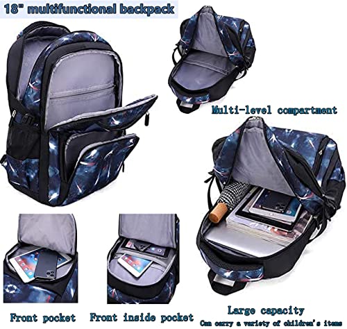 Egchescebo 18" School Kids Rolling Backpack for Adults With Wheels Trolley Wheeled Backpacks for Boys Students Travel Bags Adults With Lunch Box Pencil bag 3PCS Navy Blue