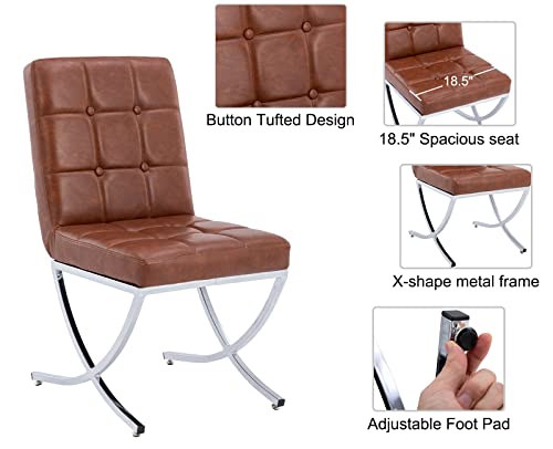 CIMOTA Modern Tufted Dining Chairs Set of 2 Upholstered Leather Dining Room Chairs Kitchen Chairs Comfy Armless Side Chairs with Chrome Metal X Legs for Dining Room/Living Room, PU Brown/2PCS