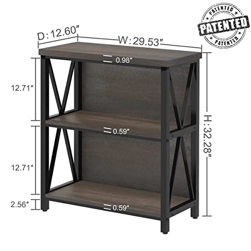 FATORRI Rustic Short 2 Shelf Bookshelf, Industrial Low Wood Bookcase, Farmhouse Small Book Case for Small Space (Walnut Brown)