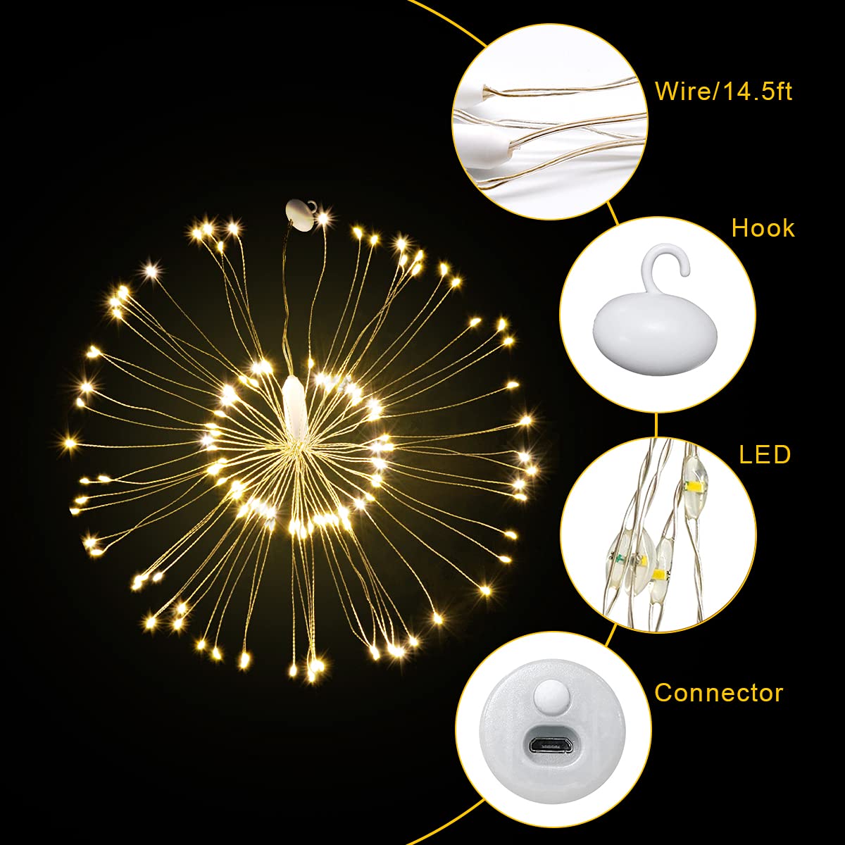 Firework Lights, 4 Pack 120 LED Copper Wire Starburst String Lights with 8 Modes Remote Waterproof Hanging Fairy Decorative Lights for Wedding Party Christmas Garden Patio Home Decoration(Warm White)