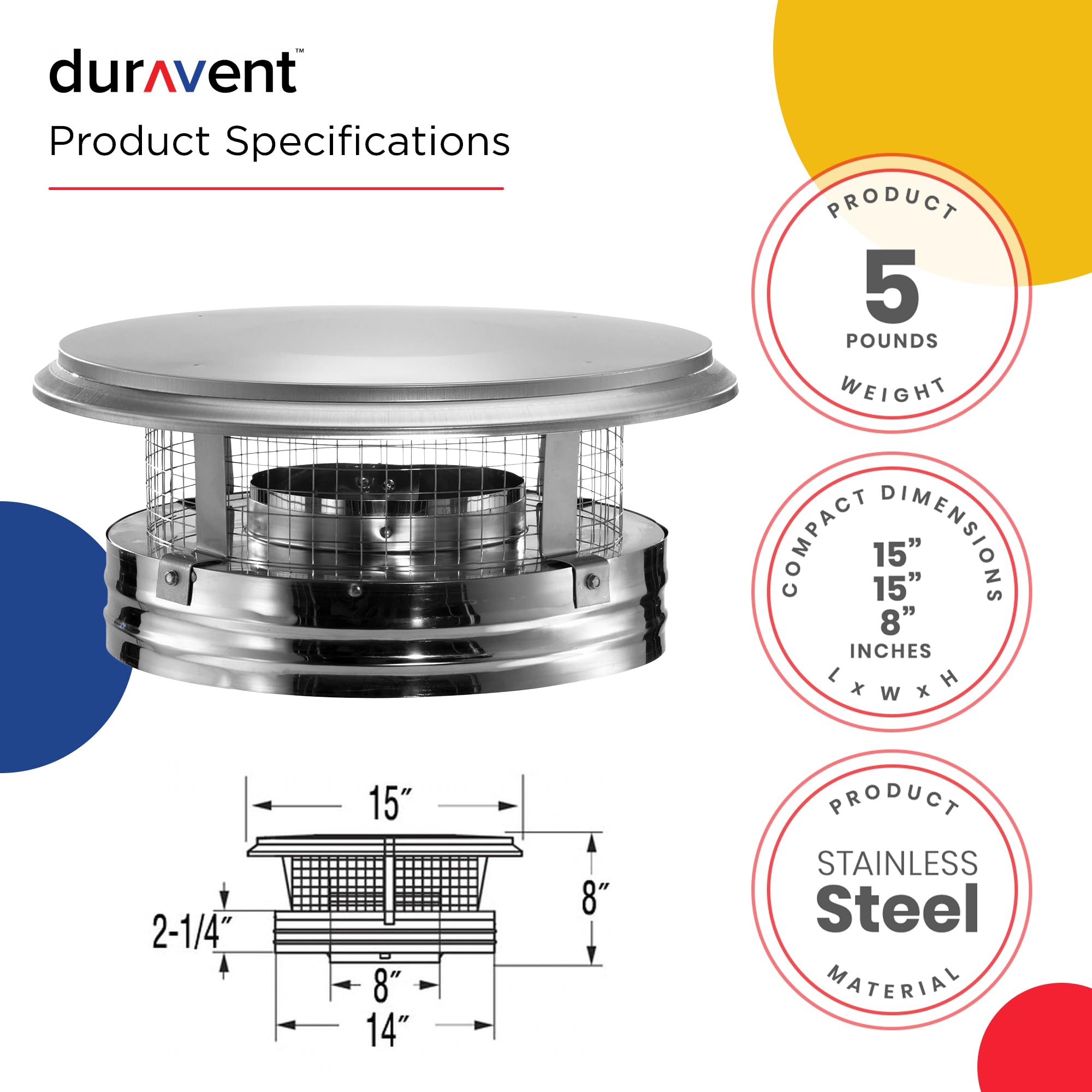 DuraVent DuraPlus 8 Inch Stainless Steel Round Chimney Cap with Triple Wall Design, Spark Arrestor Screen and Removable Screws, Silver