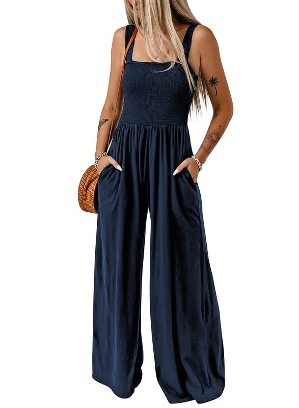 Dokotoo Womens Overalls Blue Jumpsuits for Women Casual Loose Fit Solid Color Wide Leg One Piece Sleeveless Jumpsuit Long Pant Rompers with Pockets Medium
