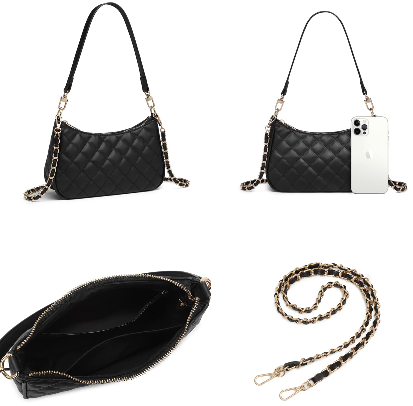 Barabum Retro Classic Clutch Shoulder Tote HandBag with Zipper Closure for Women (8-Quilted Black)