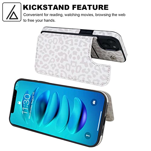 HAOPINSH for iPhone 13 Mini Case Wallet with Card Holder, White Leopard Cheetah Print Back Flip Folio PU Leather Kickstand Card Slots Case for Women Girls, Double Magnetic Clasp Shockproof Cover 5.4"