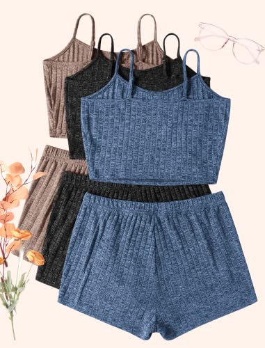 Ekouaer Sexy Loungewear Set for Womens Rib-Knit Outfits Camisole Top with Shorts Lounge Pj Set Khaki Black Plain Blue,Medium