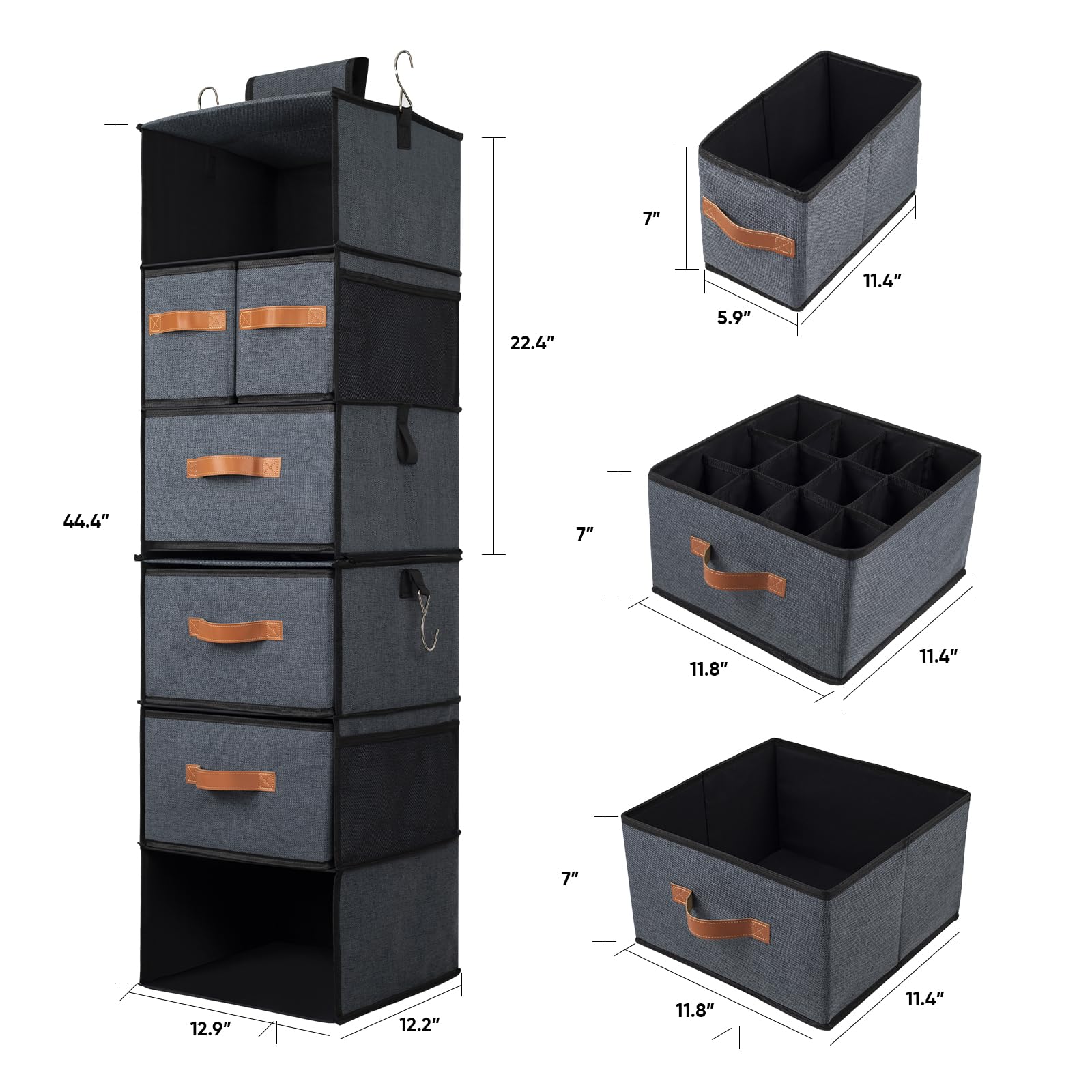 BinWhiz 12.6x12.6x44.1 Inch Hanging Closet Organizer and Storage Shelves, 6-Tier Shelf Clothes Organizers Bins with Drawers and Hooks for Closet Wardrobe Organization and Storage - Gray