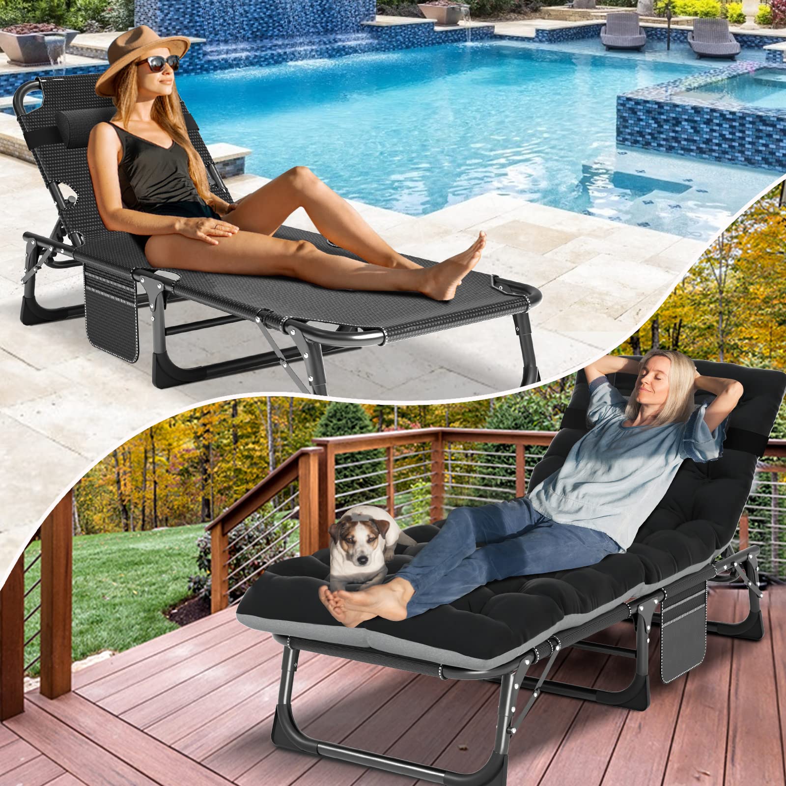 Barbella Folding Camping Cots Sleeping Cots for Adults, Adjustable 6-Position Folding Chaise Outdoor Patio Lounge Chairs, Portable Folding Bed Reclining Chair for Camping Pool Beach Patio Sun Tanning