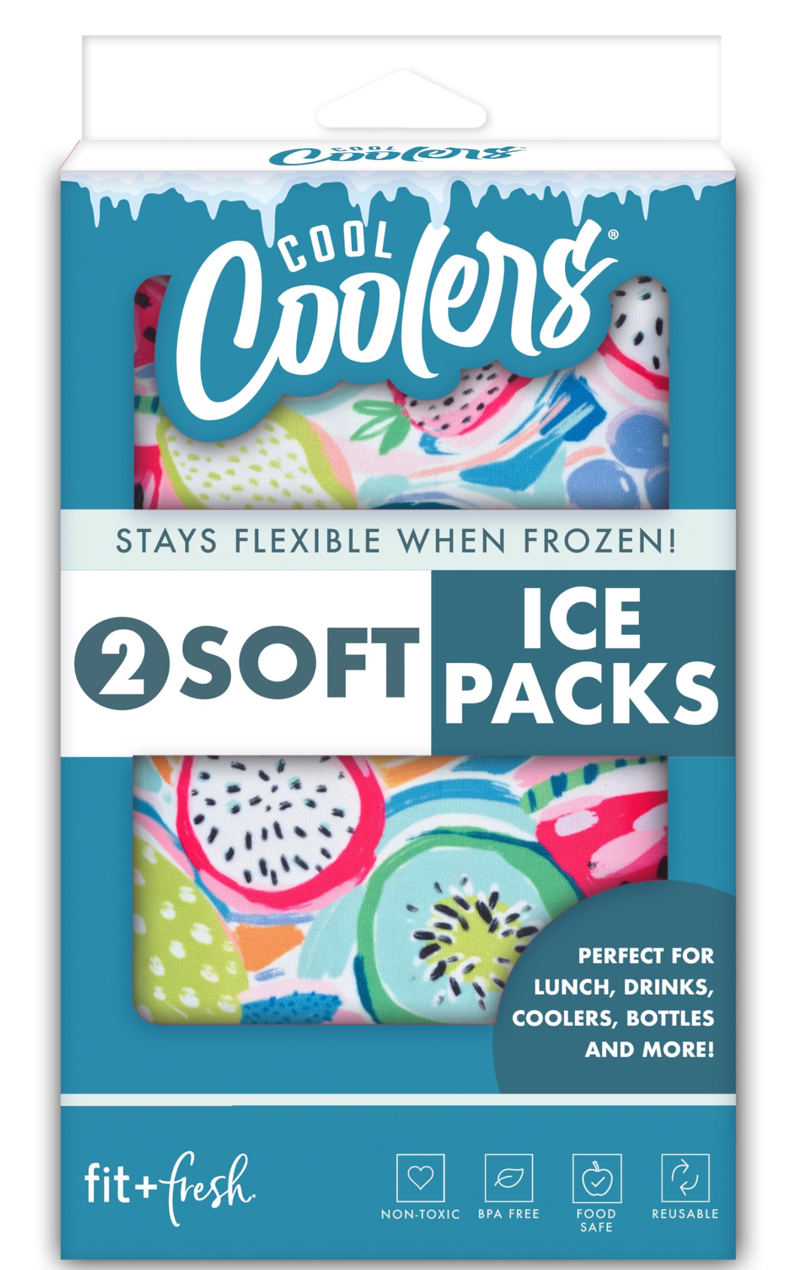 Cool Coolers by Fit & Fresh 2 Pack Soft Ice, Flexible Stretch Nylon Reusable Ice Packs for Lunch Boxes & Coolers, Fruit & Dot