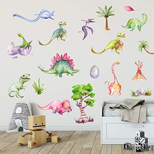 Kiddale Watercolour Dinosaur Wall Decals, Peel and Stick Colorful Wall Art Mural for Kids Bedroom,Nursery, Classroom & More