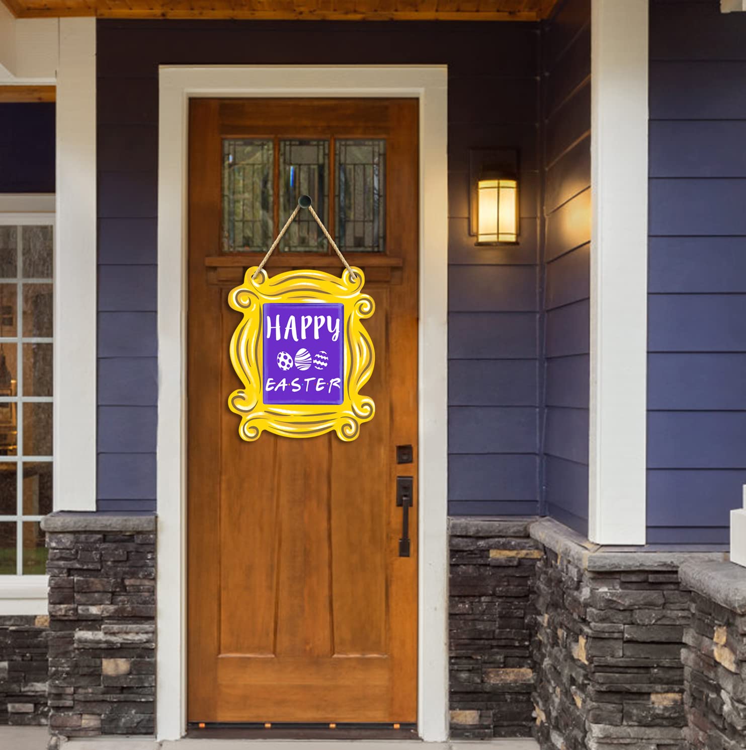 Happy Easter and Eggs Sign Welcome Large Hanging Sign Door Decor with Rope for Easter Party Garden, Yard Spring Home Decorations