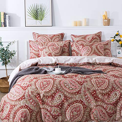 FADFAY Paisley Duvet Cover Set 100% Cotton Ultra Soft Red and Beige Reversible Paisley Bedding Set with Hidden Zipper Closure 3 Pieces, 1Duvet Cover & 2Pillowcases, King/California King Size