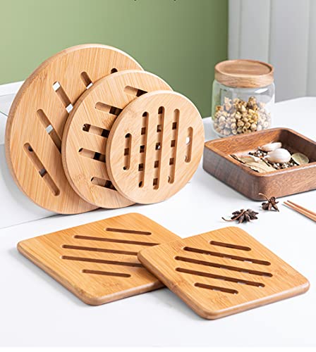 Lawei 8 Pack Bamboo Trivets with Dish Rack - Bamboo Trivet Mat Bamboo Hot Pads Trivet for Hot Dishes, Pot, Bowl, Teapot