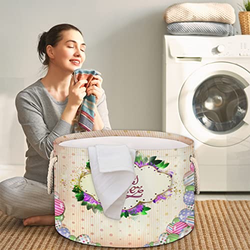 Happy Easter Greeting Card Eggs Large Round Baskets for Storage Laundry Baskets with Handles Blanket Storage Basket for Bathroom Shelves Bins for Organizing Nursery Hamper Girl Boy