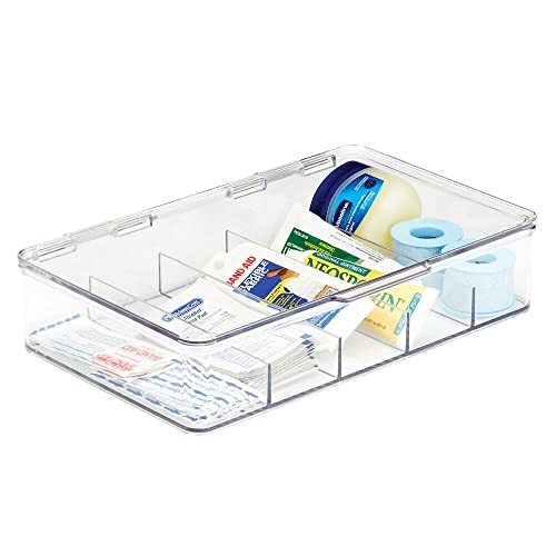 mDesign Plastic Divided First Aid Storage Box Kit with Hinge Lid for Bathroom, Cabinet, Closet - Organize Medicine, Ointments, Adhesive Bandages - 5 Sections, Ligne Collection, Clear