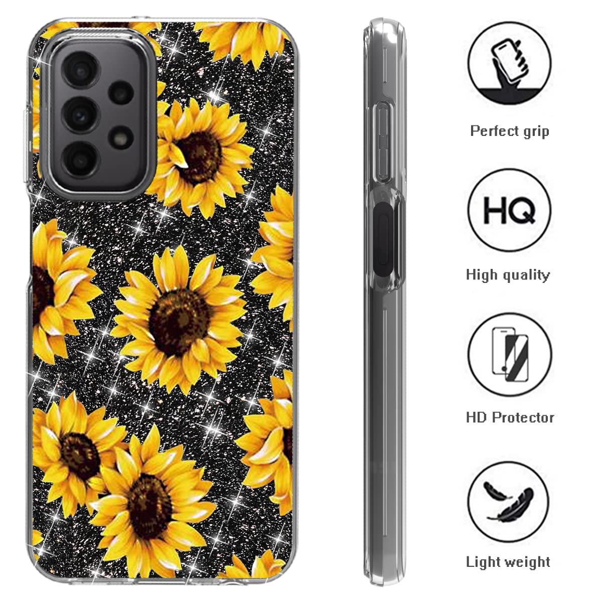 DDTKZC for Samsung Galaxy A23 5G Case,Samsung A23 5G Case Tempered Glass Protector Lustre Pattern-Sparkle 3 in 1 Clear Shockproof Case for Samsung A23 5G (Yellow Sunflower)