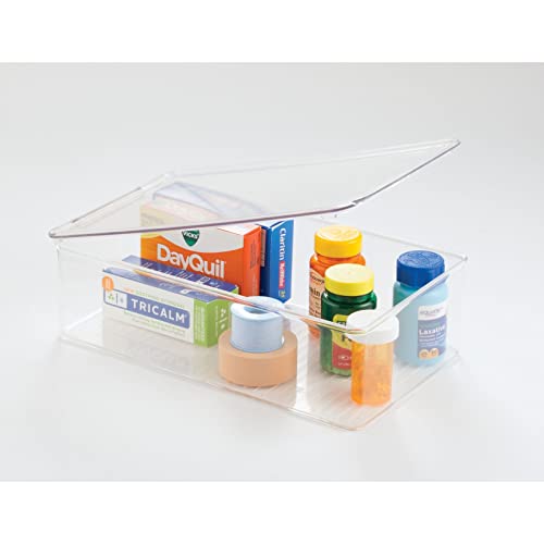 mDesign Plastic Bathroom Storage Organizer Box w/Hinge Lid for Closet Shelves, Cupboards, Holds Medicine, First Aid, Lotion, Cotton Swabs, Masks, and Styling Tools, Ligne Collection, 2 Pack, Clear