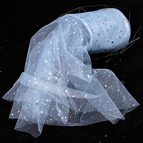 HAVII 54" x 5 Yards Sky Blue Glitter Tulle Rolls Silver Star Moon Sequin Tulle Fabric Bolt for Tutu Skirts DIY Sewing Craft Party Stage Home Background Decoration