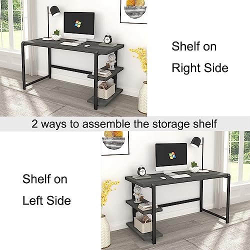 EXCEFUR Industrial Computer Desk with Shelves, 55 inch Rustic Wood and Metal Work Study Writing Table for Home Office, Grey