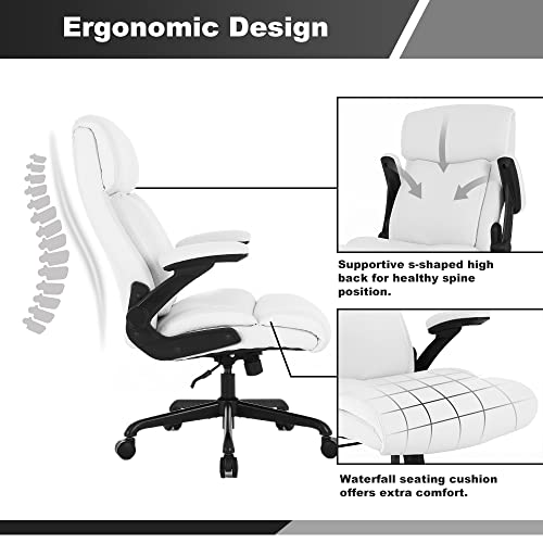 Executive Office Chair, Big and Tall Office Chair 500lbs for Heavy People Ergonomic High Back Leather Executive Office Chair with Flip-up Armrests and Adjustable Height Office Chair (White)