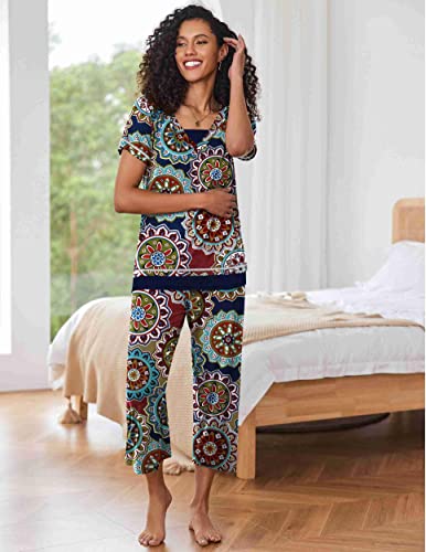 Ekouer Womens Pajama Set Summer Sleepwear Tops with Capri Pants Set Comfy Casual Prints Pj Sets