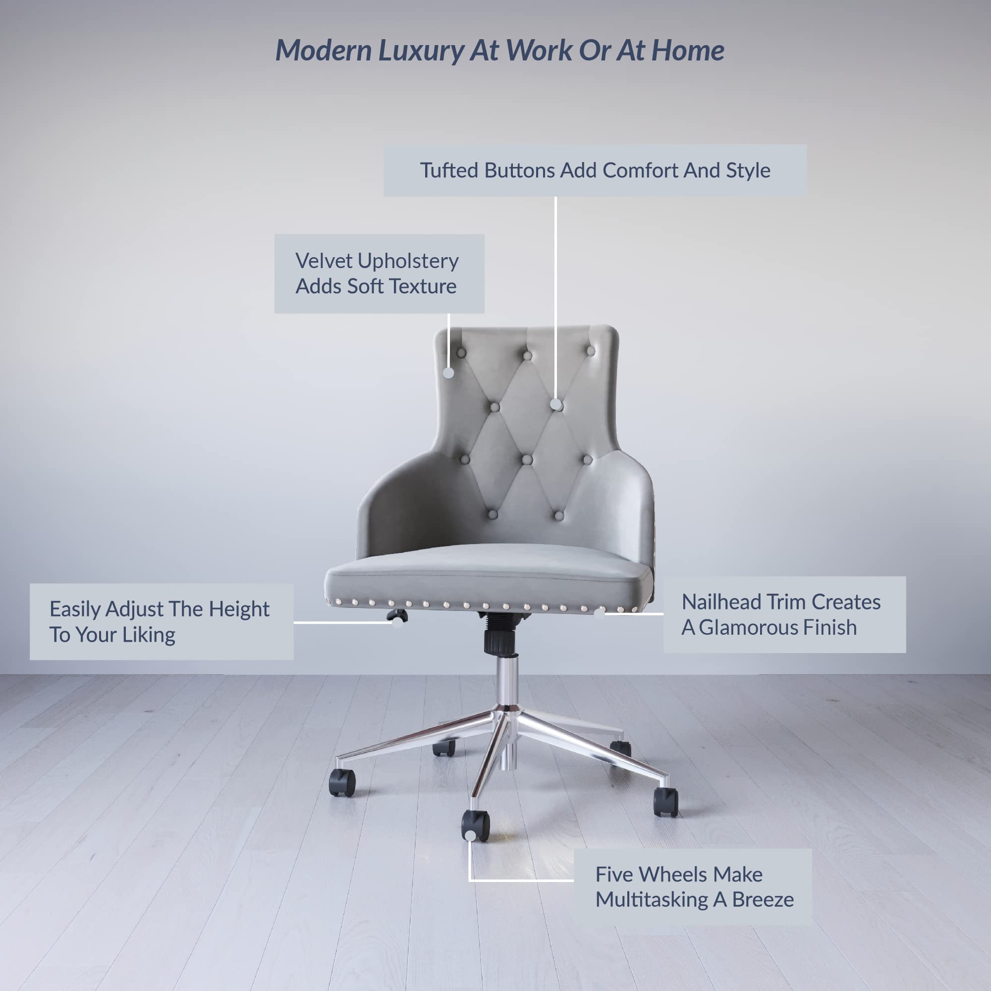 BELLEZE Modern Velvet Desk Chair for Home Office or Bedroom Vanity, Tufted Upholstered Seat with Slim Arms, Adjustable Height, Swivel, Wheels - Belden (Gray)