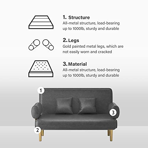CIZIG Futon Sofa Bed,74.8" L Convertible Sleeper Sofa with Tapered Steal Leg,Adjustable Back Rest Couch,Loveseat Sofa Bed, Small Leather Twin Sofa for Living Room,Bedroom,Movie Night,Grey