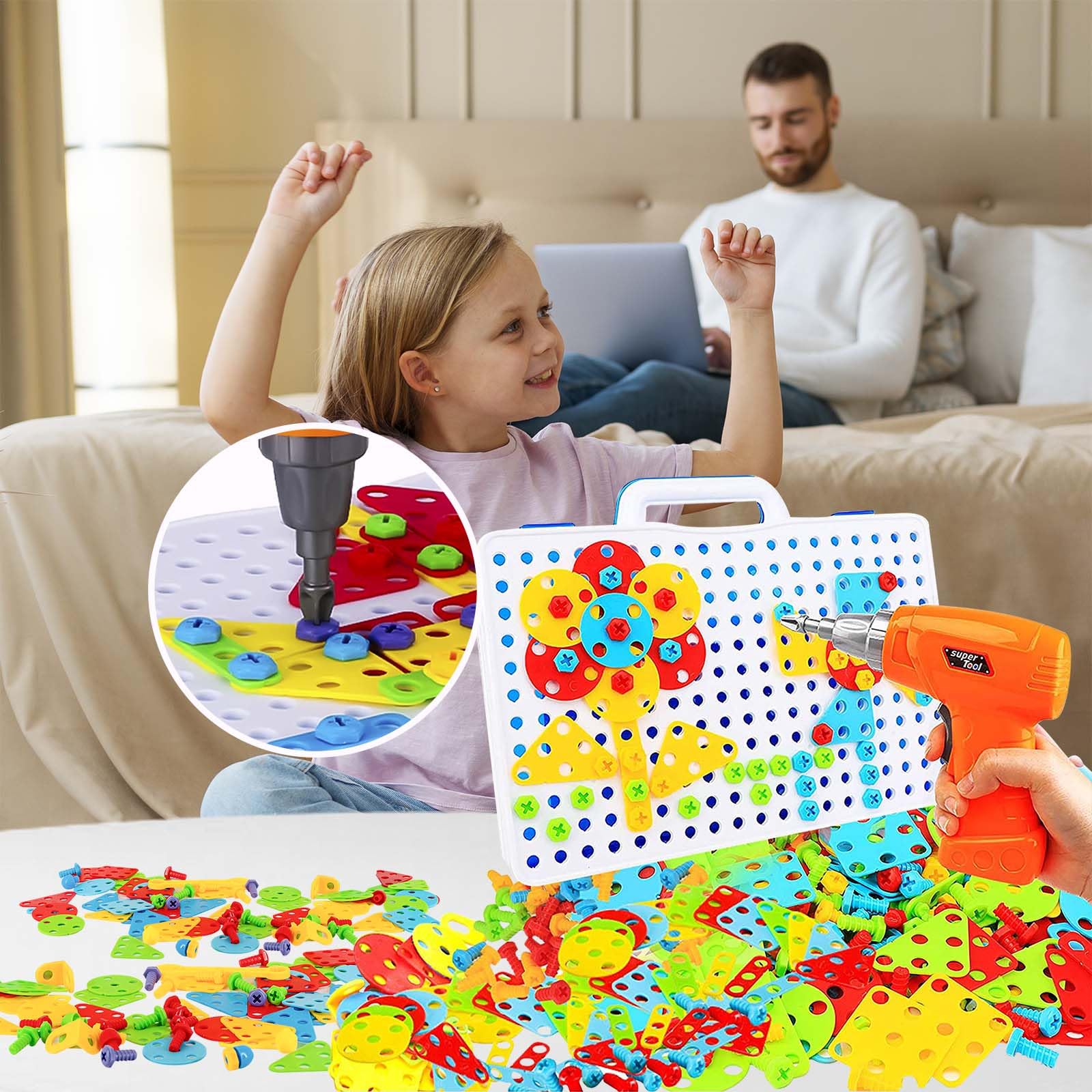 Haifeng 237 Pieces Creative Mosaic Toy Drill Puzzle Set for Kids, STEM Learning Educational Toys, Drill and Screwdriver Engineering Building Kit for Boys and Girls Ages 3 4 5 6 7 8 9 10 Year Old