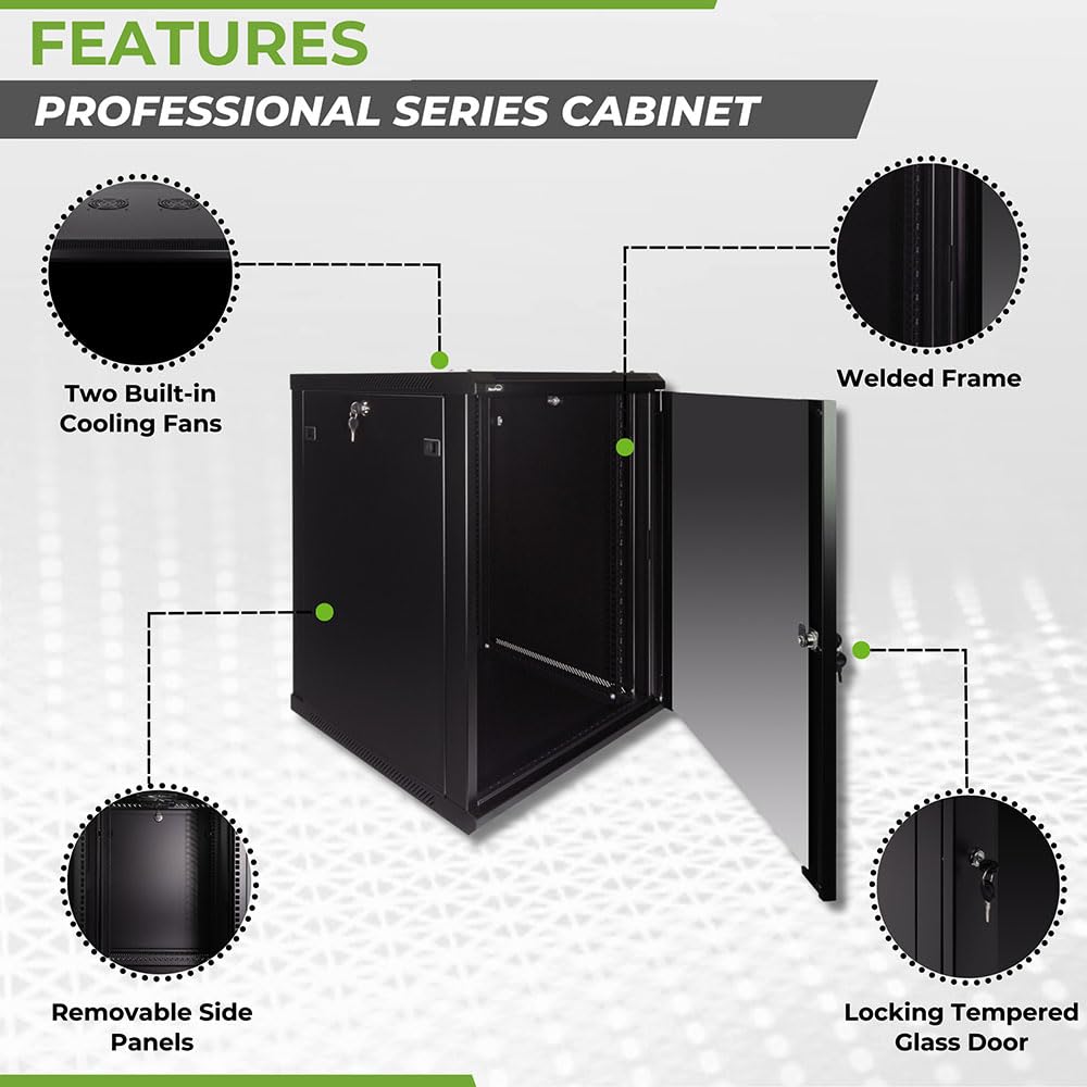NavePoint 15U Server Rack Enclosure - 23.6” Deep, 15U Wall Mount Network Cabinet with Locking Glass Door for 19” IT Equipment, 15U Network Rack with 2 Fans, Removable Side Panels, Black