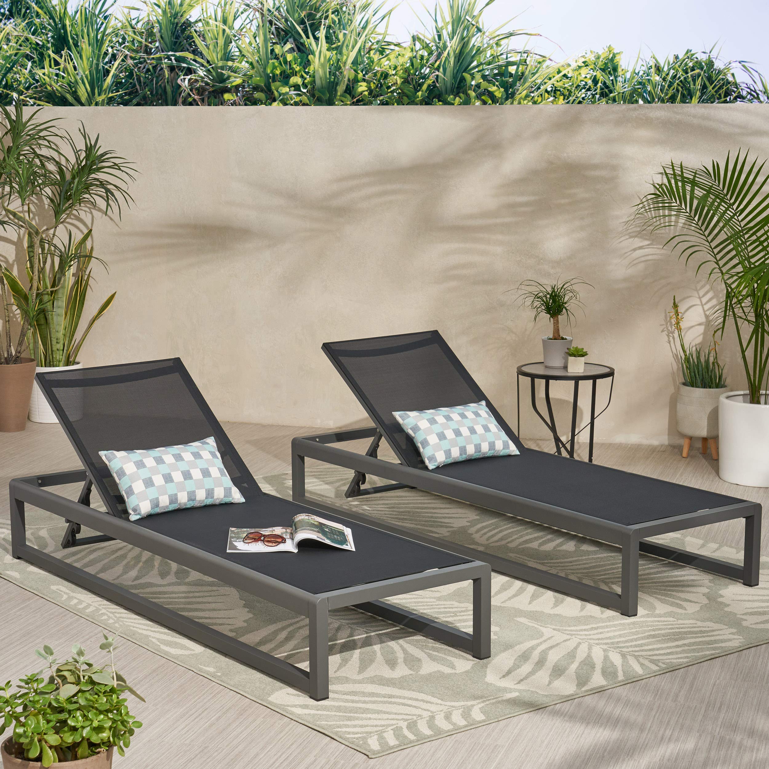 Christopher Knight Home Eudora Outdoor Chaise Lounge (Set of 2) + Jesse Coral Outdoor Modern Aluminum C-Shaped End Table
