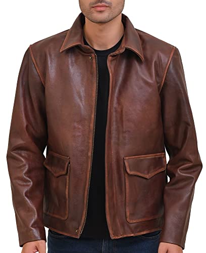 Isaac & David Chicago Mens Raiders of The Lost Ark Brown Leather jacket Indiana Cosplay Costume Harrison American Bomber Coat