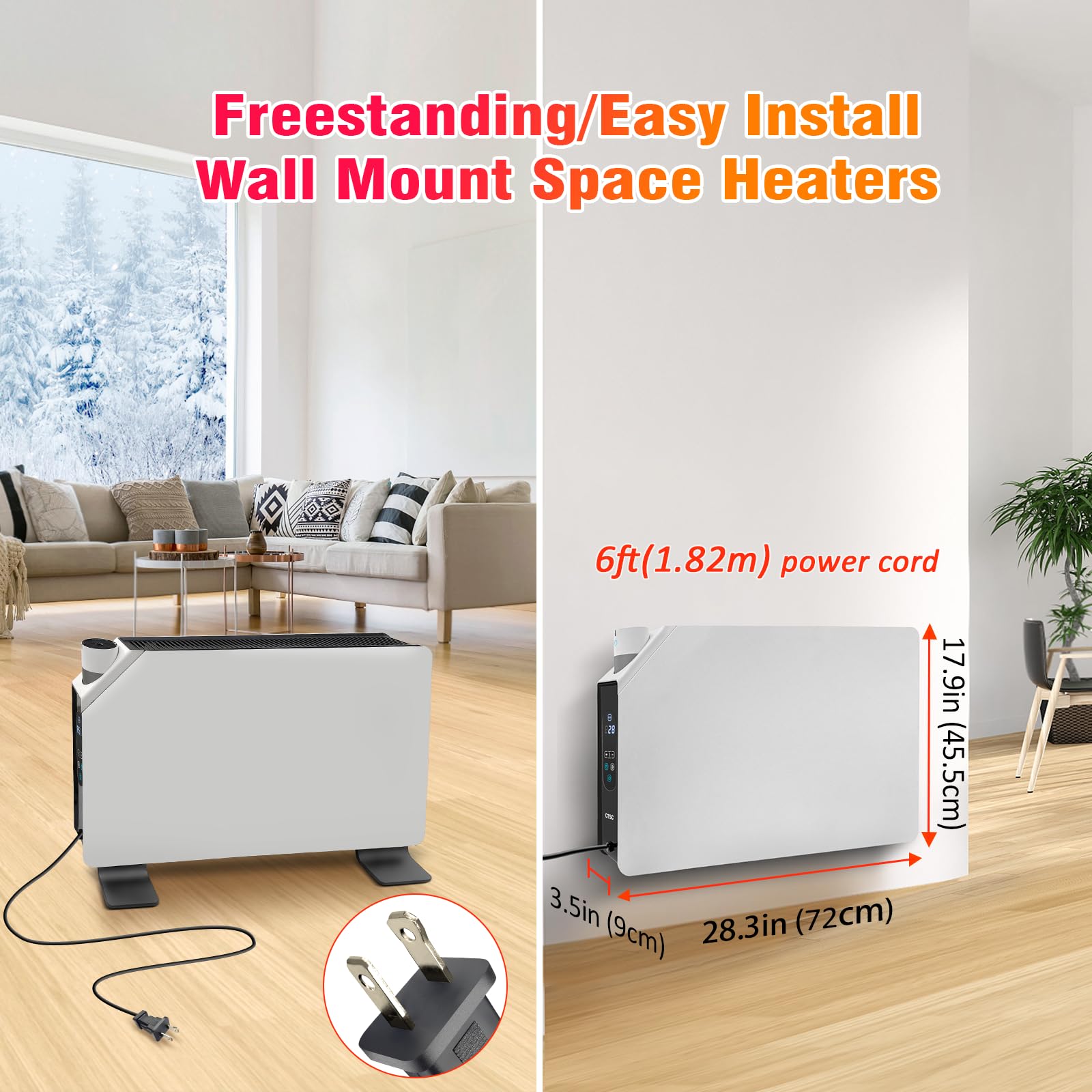 CTSC Convection Heater - Panel Heater - Space Heater Indoor Large Room - 750W/1500W Convection Panel Heater with Remote Control, Adjustable Thermostat, Freestanding/Wall Mount Large Room Heater