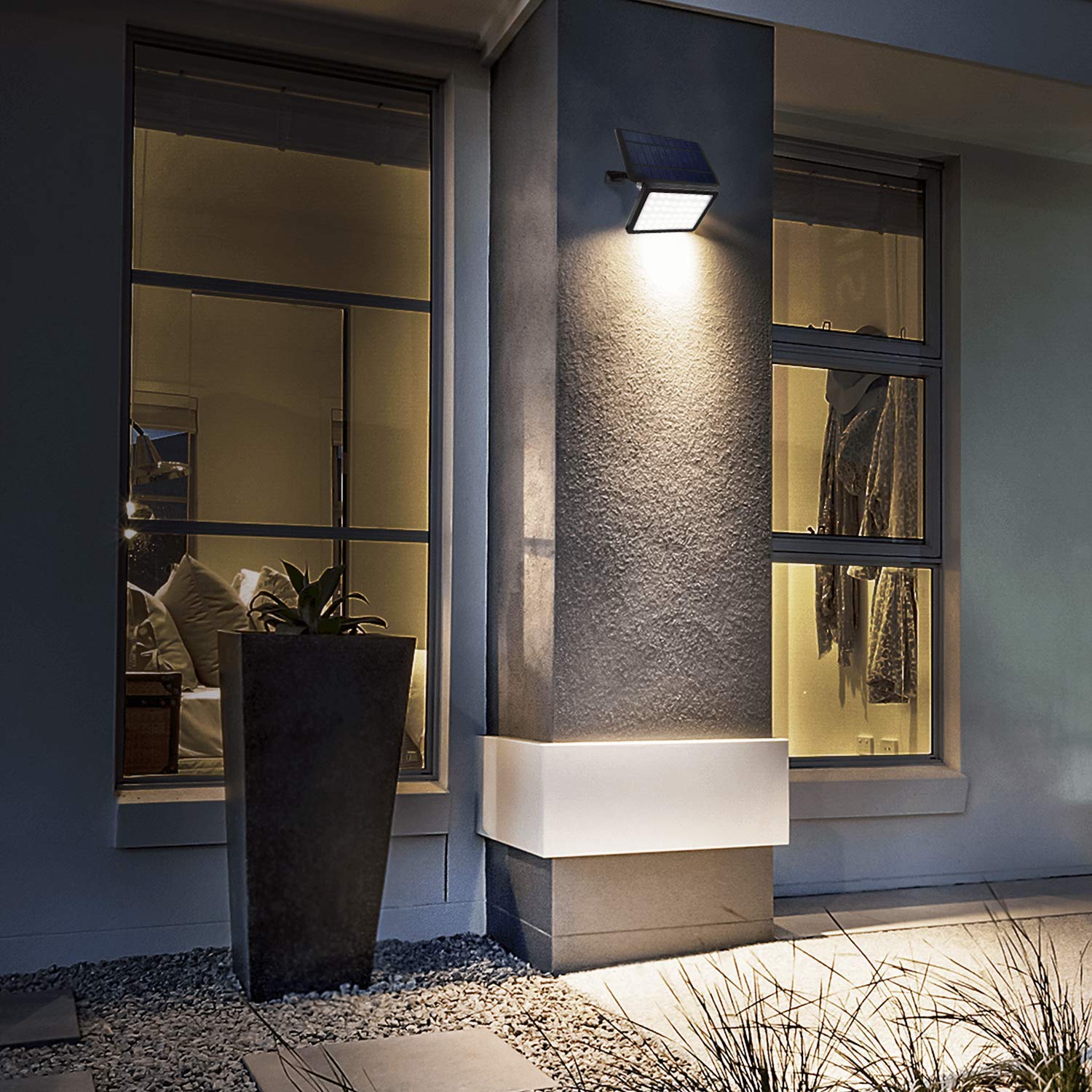 JACKYLED Bright 1000 Lumens 48 LED Solar Dusk to Dawn Light (Black) and 1800 Lumens 18 LED Solar Motion Sensor Lights Outdoor Solar Powered Spotlight for Garden Front Porch Door Barn Patio Garage