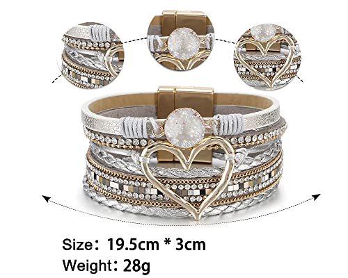 Fesciory Leopard Bracelet for Women, Boho Leather Wrap Multi-Layer Pearl Crystal Bracelet Bangle Jewelry (B33:Heart Leather(Silver))