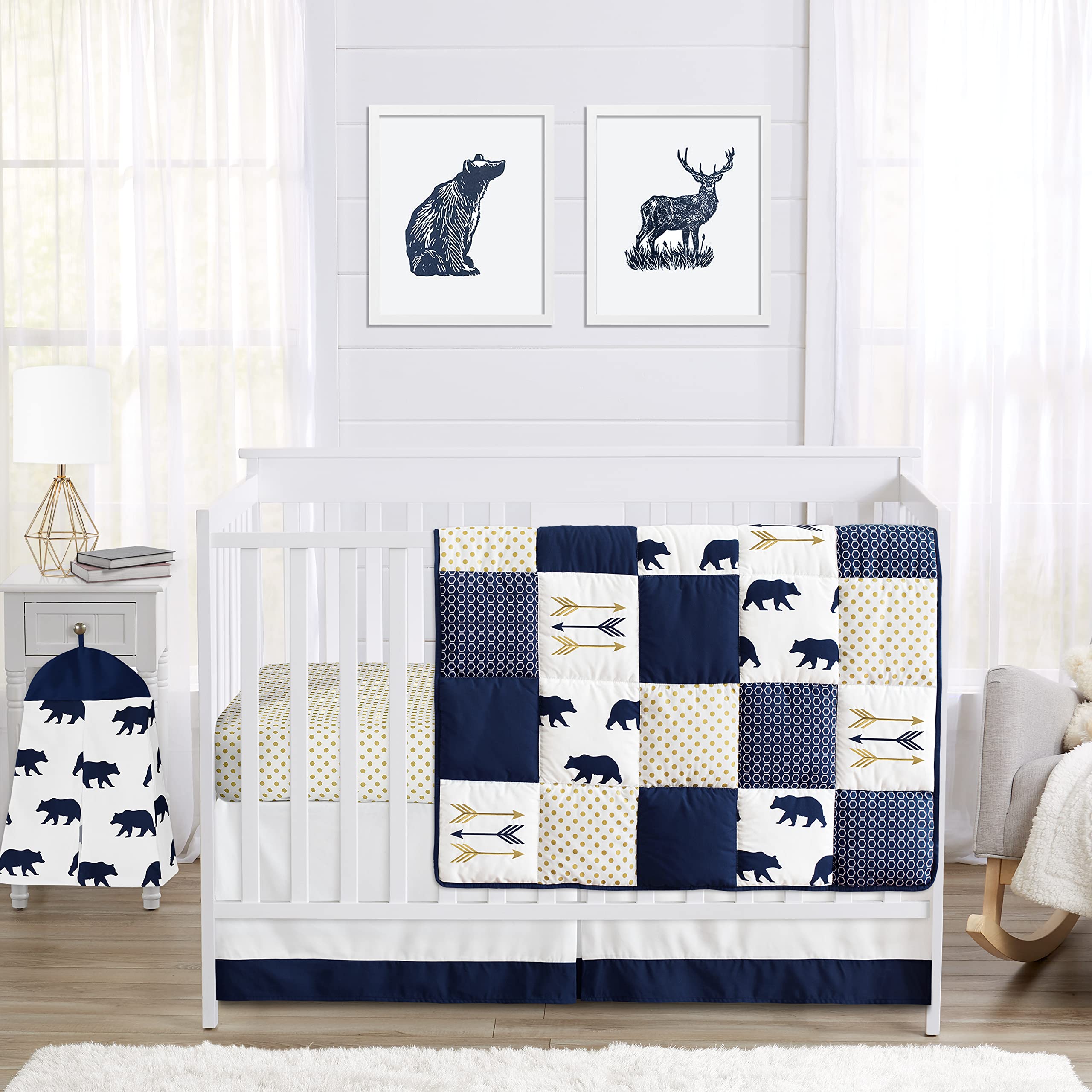 Navy Blue, Gold, and White Patchwork Big Bear Boy Baby Crib Bedding Set by Sweet Jojo Designs - 4 Pieces