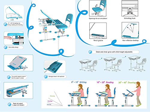 Kids Desk and Chair Set, Functional Children Desk Study Table, Tilted Table Height-Adjustable Desk and Chair Combination with LED Light, Storage Drawers for Boys and Girls, Blue