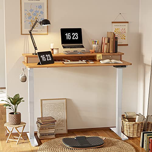 FEZIBO Height Adjustable Electric Standing Desk with Double Drawer, 40 x 24 Inch Stand Up Table with Storage Shelf, Sit Stand Desk with Splice Board, White Frame/Light Rustic Brown Top