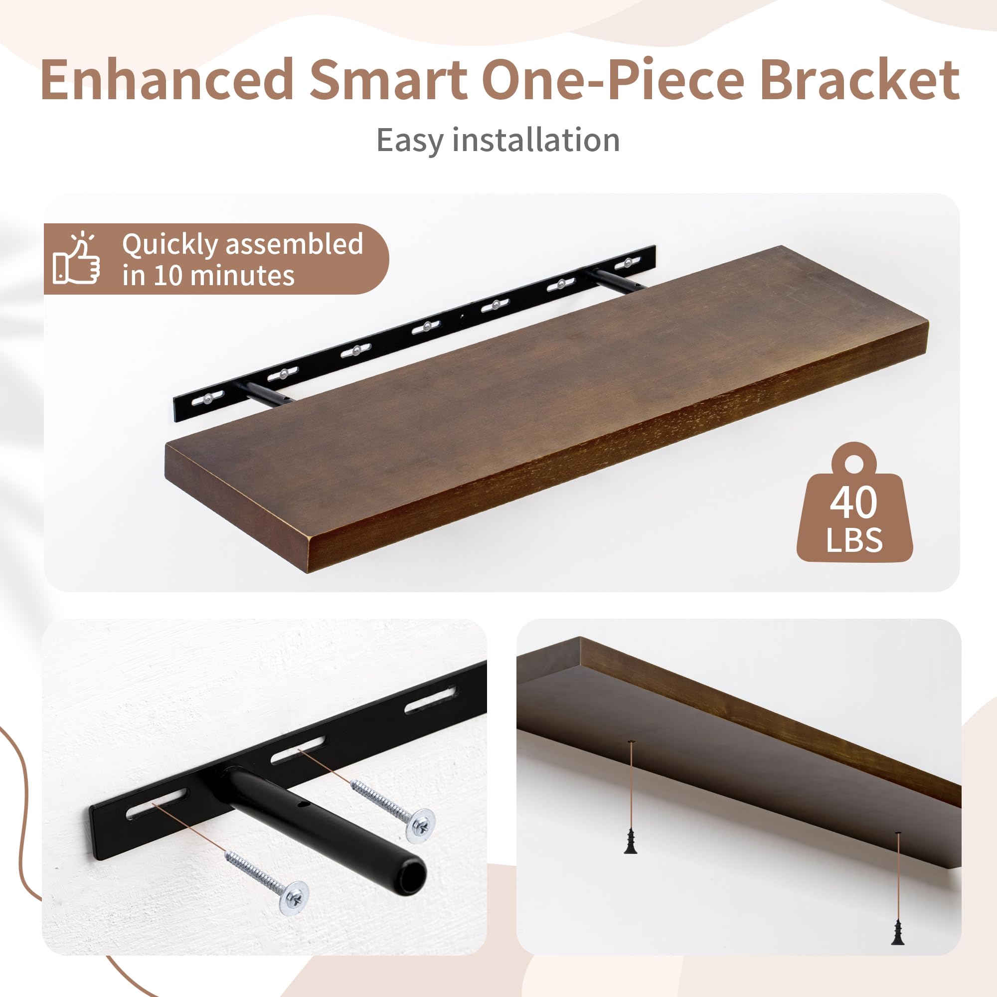 Fun Memories 48 Inch Floating Shelves Wall Mounted, Solid Hardwood Wall Shelves 48 in, Rustic Natural Wood Floating Shelf for Bathroom, Kitchen, Living Room, Mahogany Color