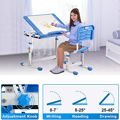 Kids Desk and Chair Set Adjustable Height Ergonomic Children's Table with Storage Drawer Kids Study Homework Desk Table for 3-15 Kids (Blue)
